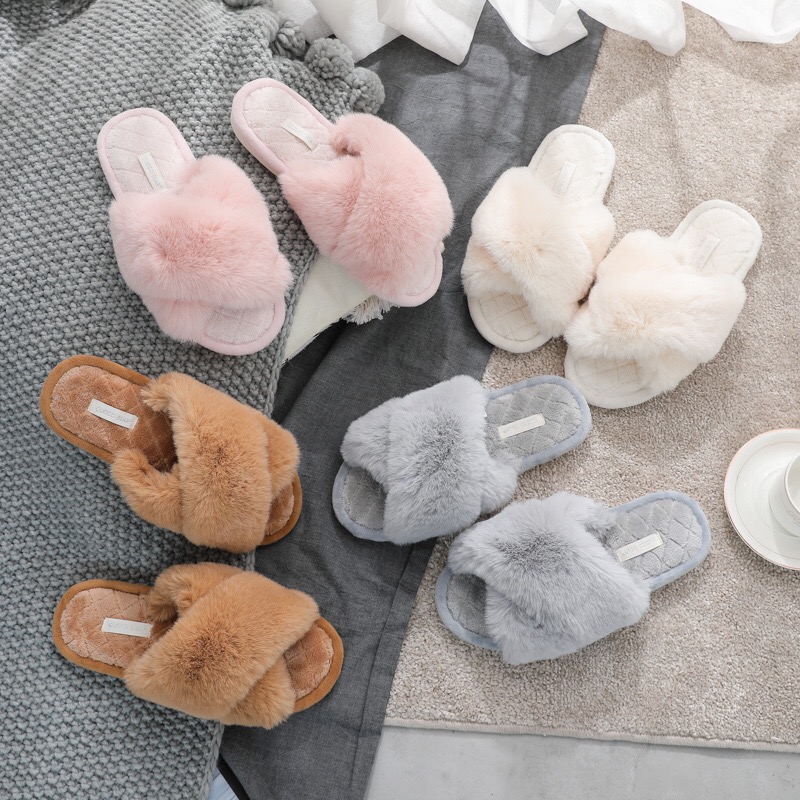 Classic Large Rabbit Fur Cross Open Slippers Fluffy Slippers Rabbit Fur ...
